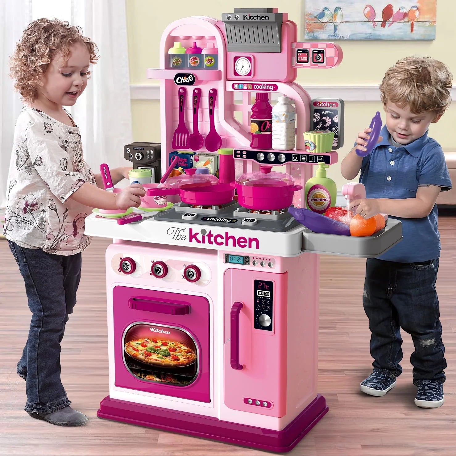 34 inch Play Kitchen Toy Sets for Girls, Cooking Stove, Play Sink, Ove ...